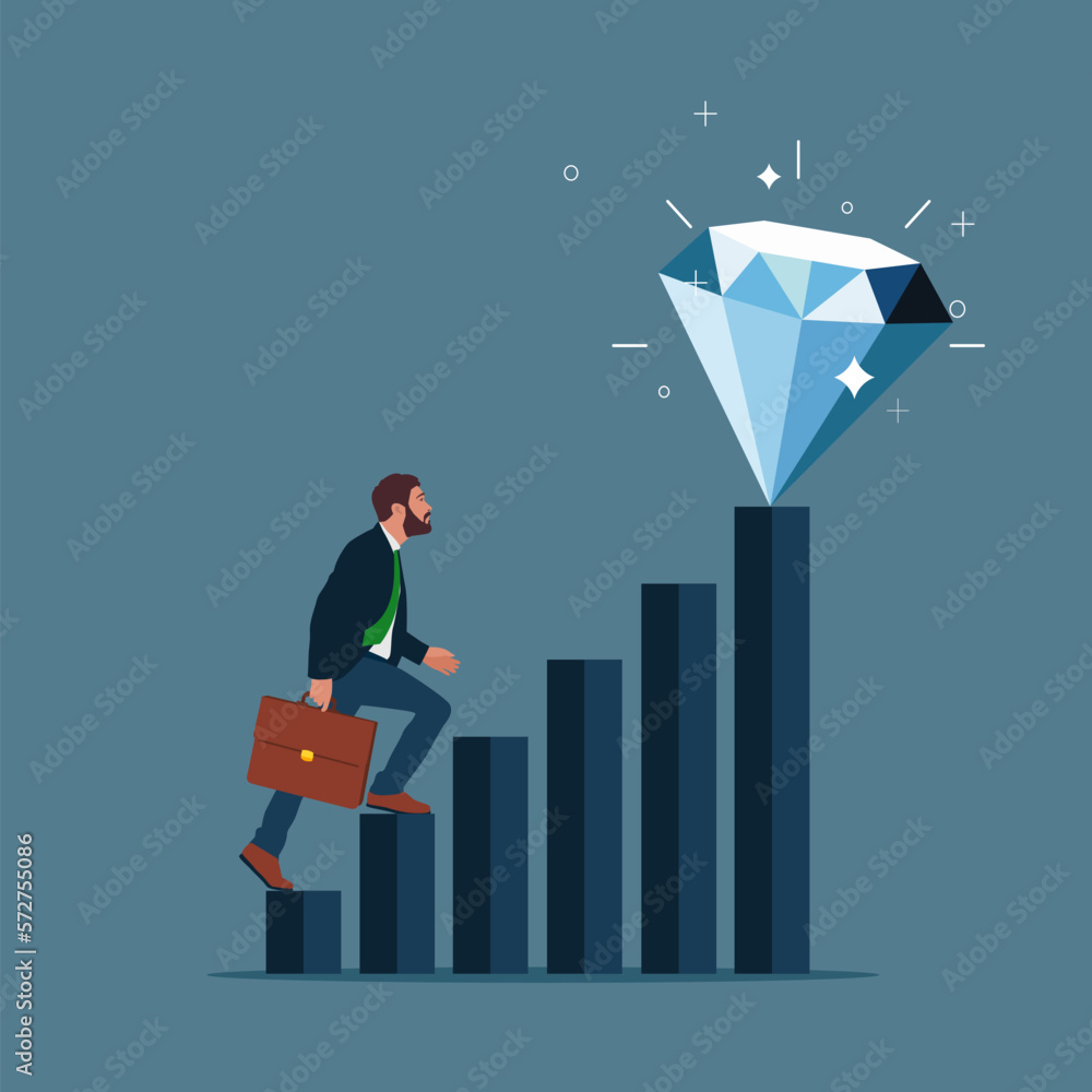 Vetor Businessman step up of diagram as staircase to achieve success ...