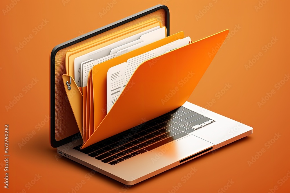 File folder on laptop screen, orange background. Generative AI Stock ...