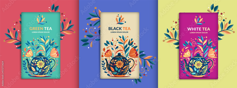 Colorful tea packaging design. Vector ornament template. Elegant, classic elements. Great for ...