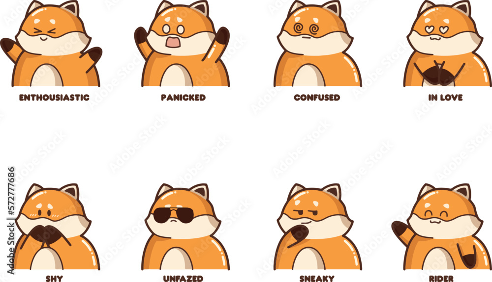 Bundle - Set of fox cartoon style - facial expressions and emotions ...