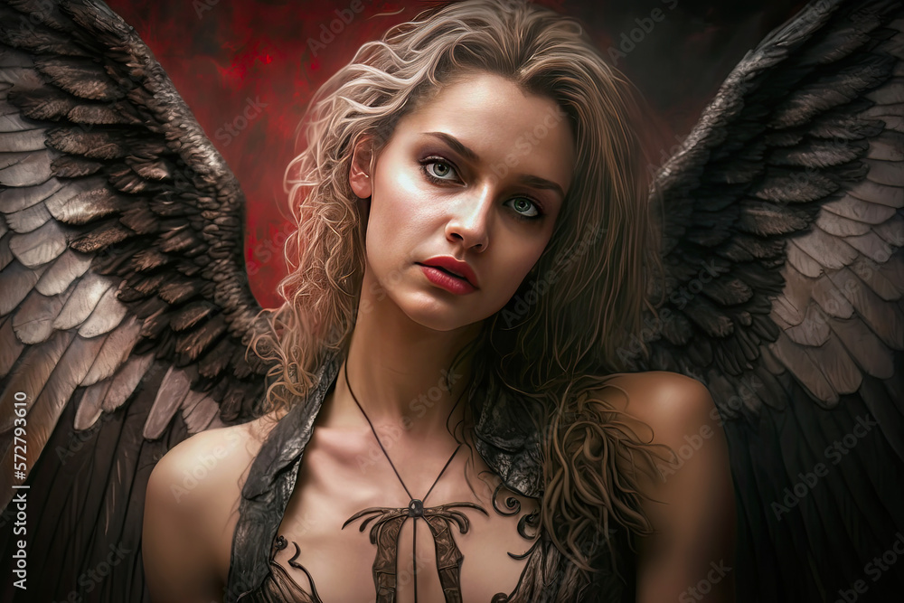 Fallen Angel Portrait, beautiful succubus woman with angel wings ...