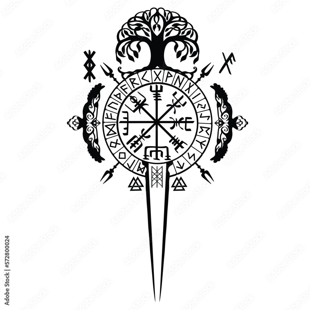 Vector de Stock Yggdrasil, the tree of life. Vikings symbol Odin,with futhark runes , YGGDRASIL ...