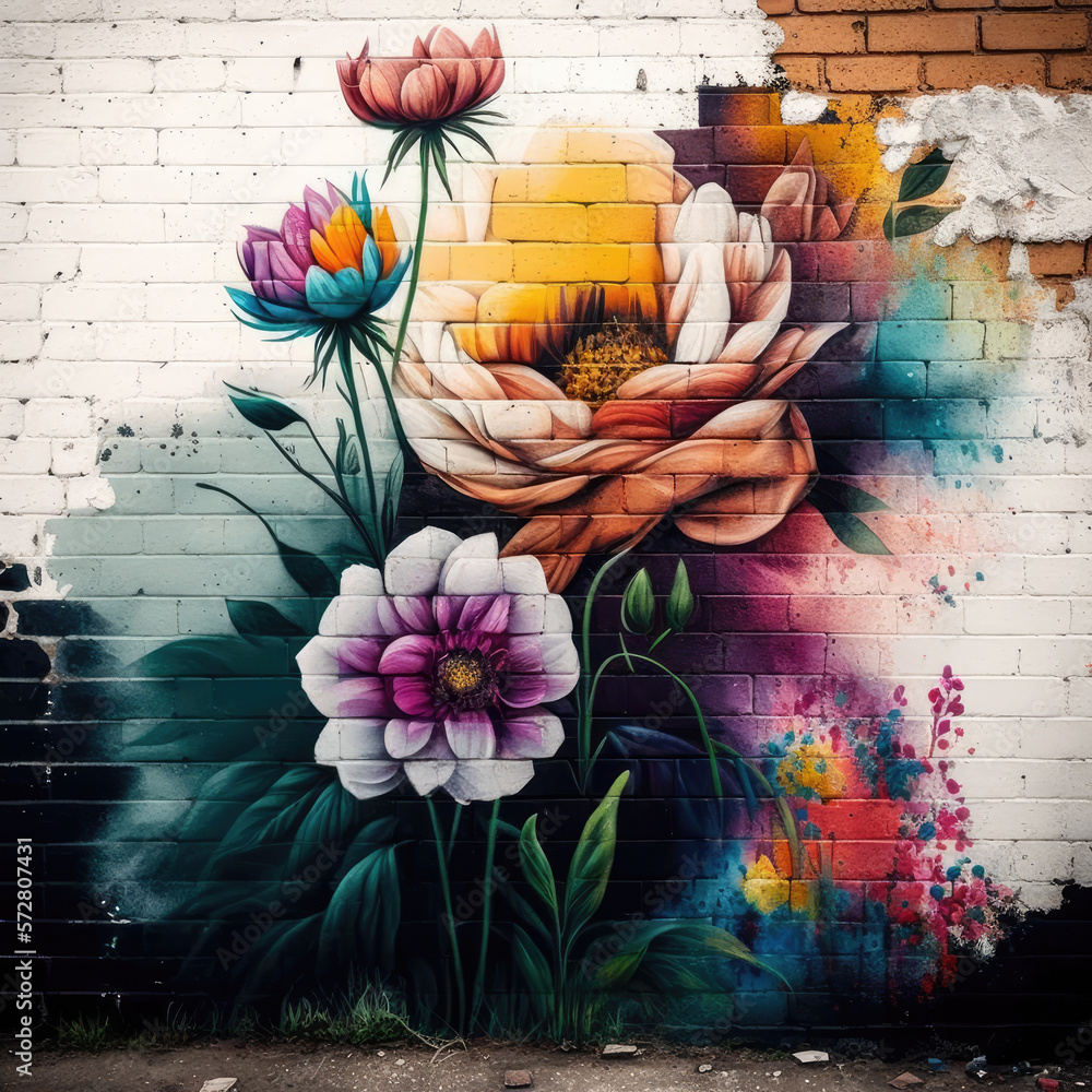 Brick wall with graffiti street art of flowers Stock Illustration ...
