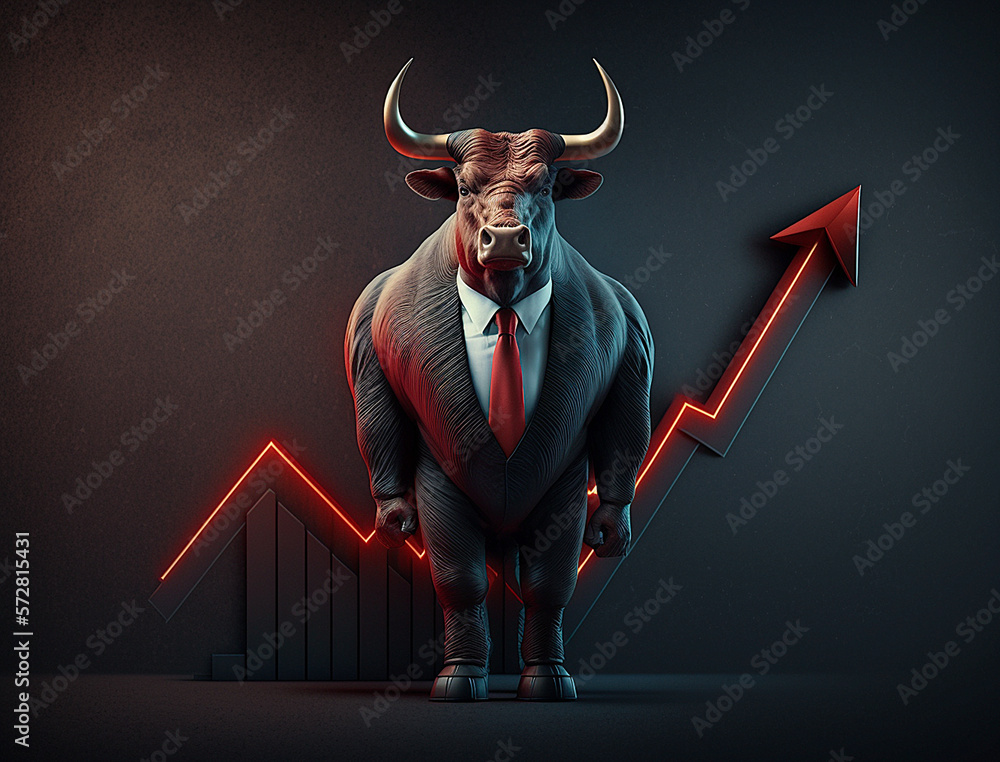 bull market, a bull wearing a suit with red lighting, with a red chart ...