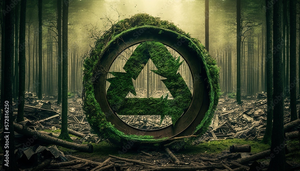 recycling symbol in the middle of the destroyed and deforested forest ...