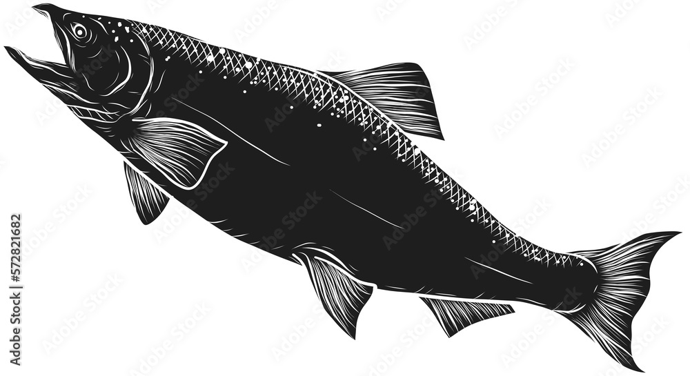 Salmon art highly detailed in line art style.Fish png by hand drawing ...