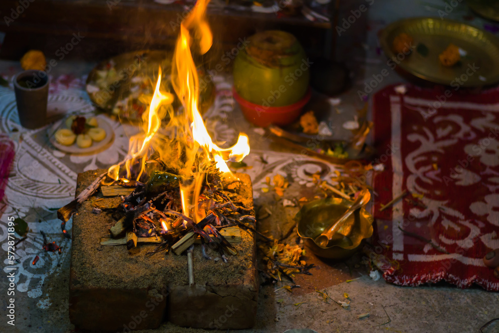 Hindu pooja ritual yagya or yajna, which is fire ceremony performed ...
