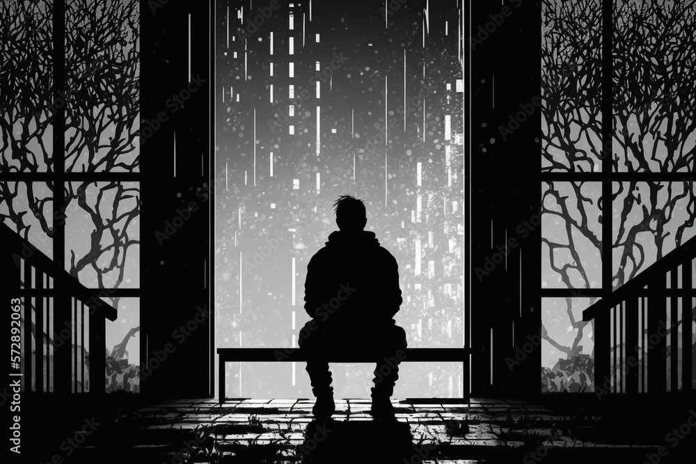 Silhouette of depressed man sitting head in hands on the walkway of ...