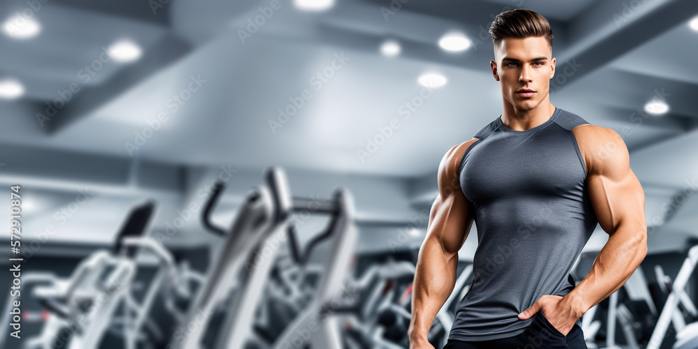 Handsome muscular man in fitness outfit on gym background with copy ...