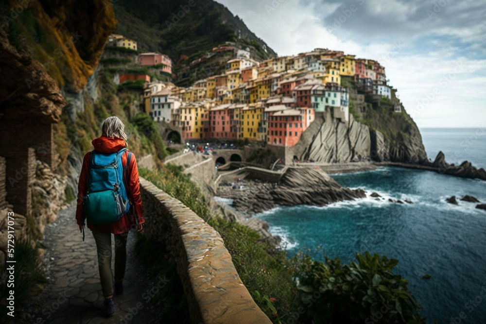 In Cinque Terre Italy, a woman hiking the scenic trail between the ...