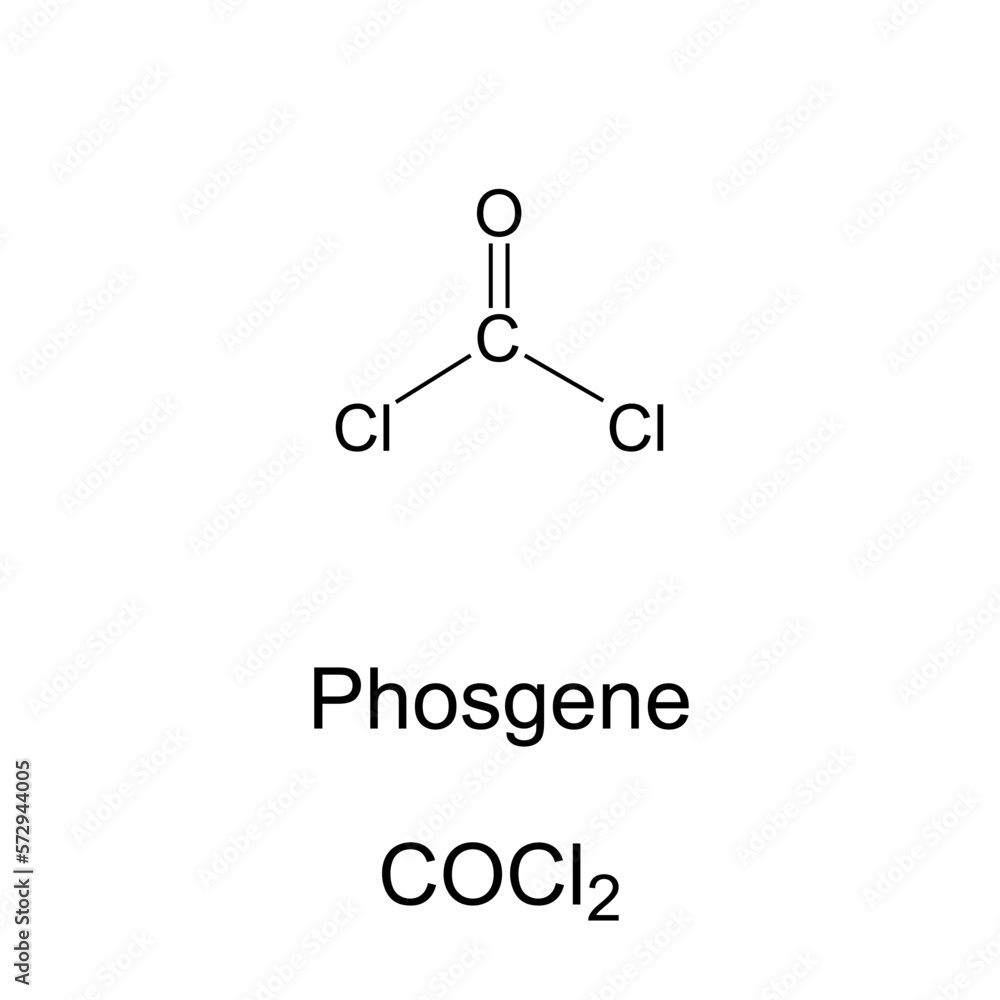 Phosgene, carbonyl dichloride, chemical formula. Toxic, colorless gas ...