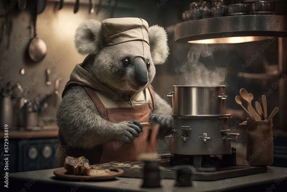 koala dressed as a chef, cooking up a storm in a busy restaurant ...