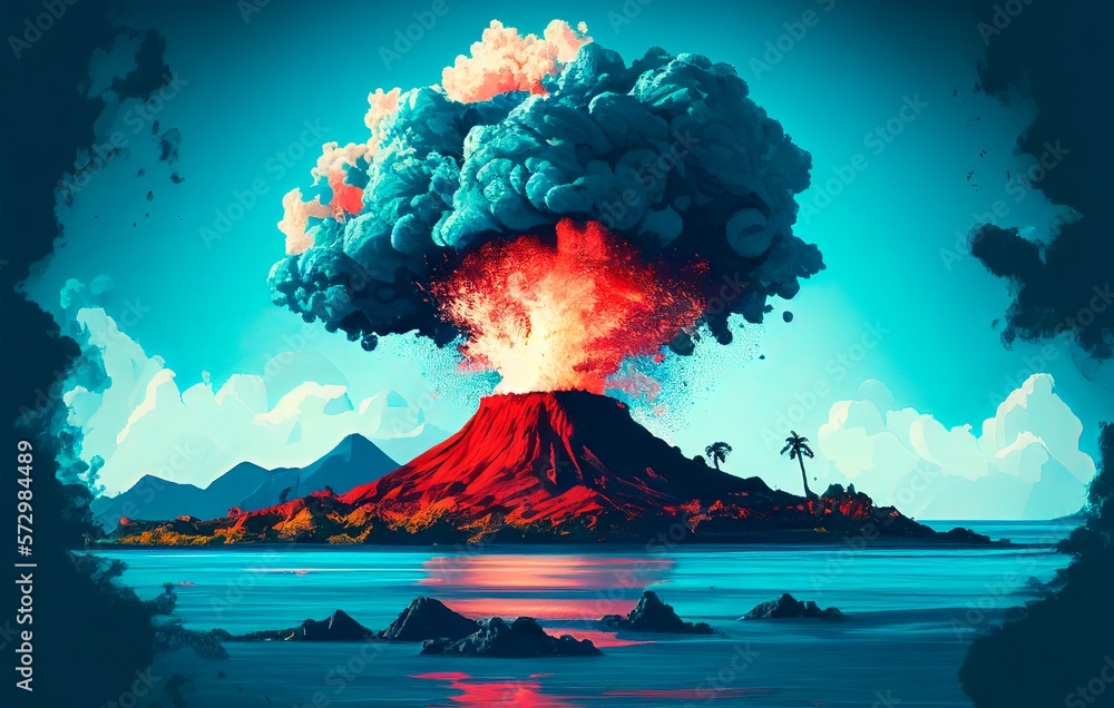 Volcanic eruption on the island, cartoon style illustration, acrylic ...