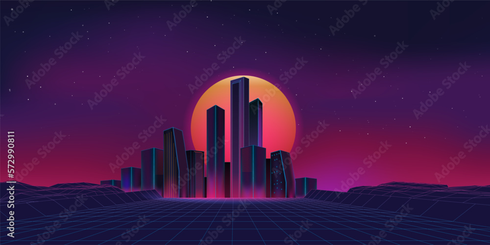 Retro game city, sci fi background. Futuristic 80s neon landscape ...