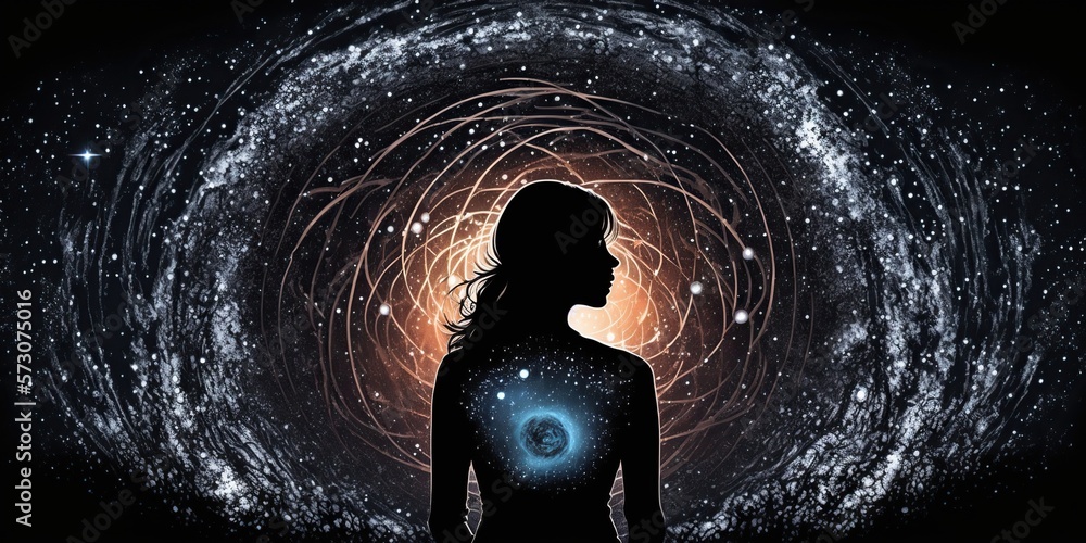 female astronomer standing amidst galaxy of stars symbolizing her quest ...