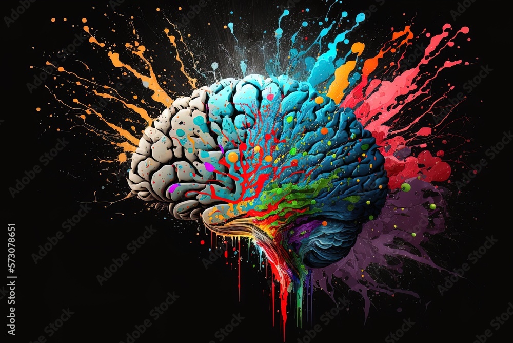 Human brain with bright paint erupting over a dark backdrop to ...