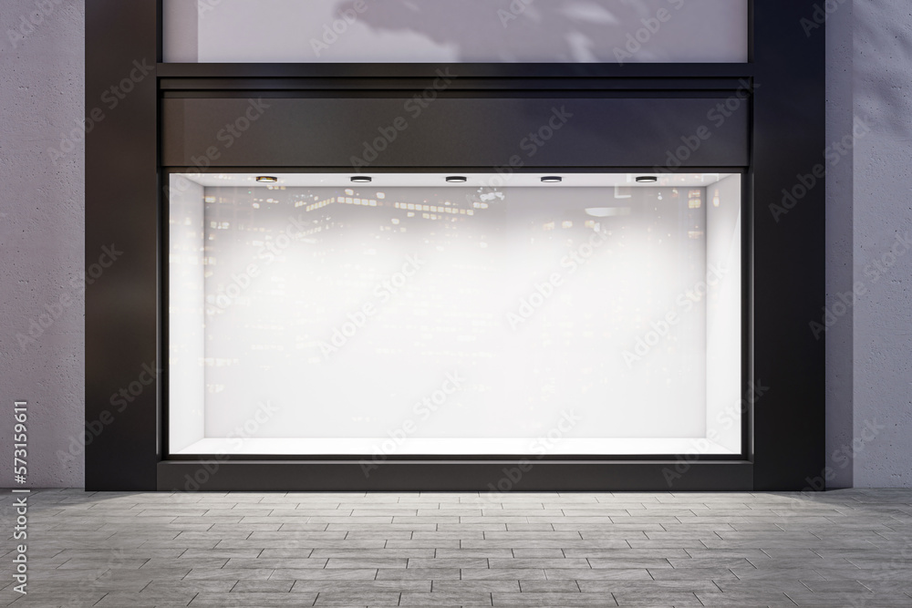 Front view on blank light wall background in empty shop window with ...