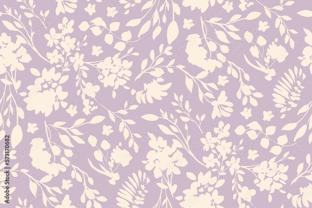 bicolor contour silhouette seamless pattern with flowers and leaves ...