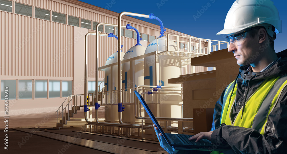 Hydrogen energy production. Man with laptop. Factory worker near tanks ...