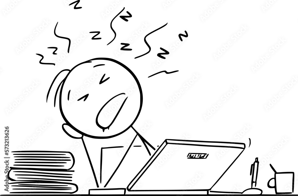 Tired Person Sleeping Behind Desk, Vector Cartoon Stick Figure ...