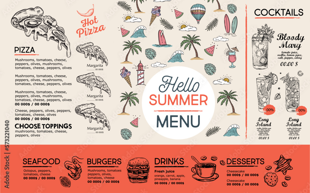 Summer menu, template design. Food flyer. Hand-drawn style. Vector ...