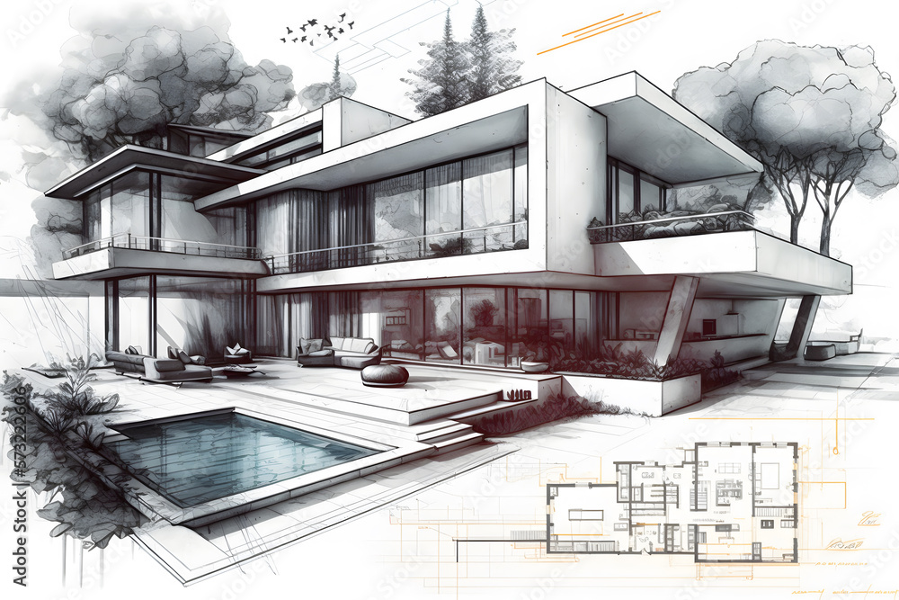 Ilustración de Stock Sketch of building design of modern family house ...
