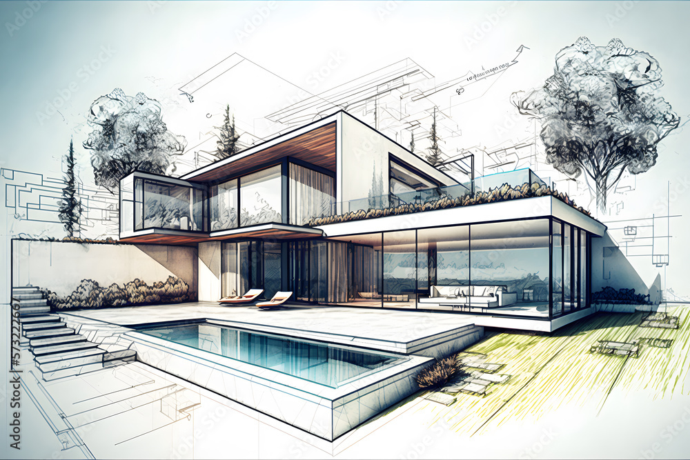 Sketch of building design of modern family house with roof terrace and ...