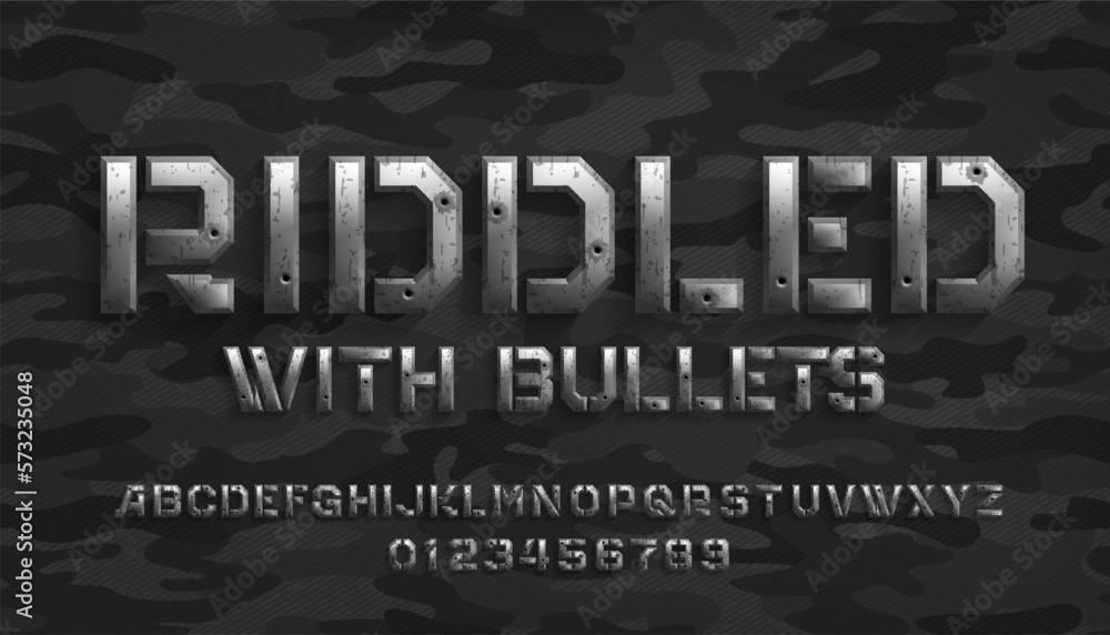 Riddled with bullets alphabet font. Metal letters and numbers with ...