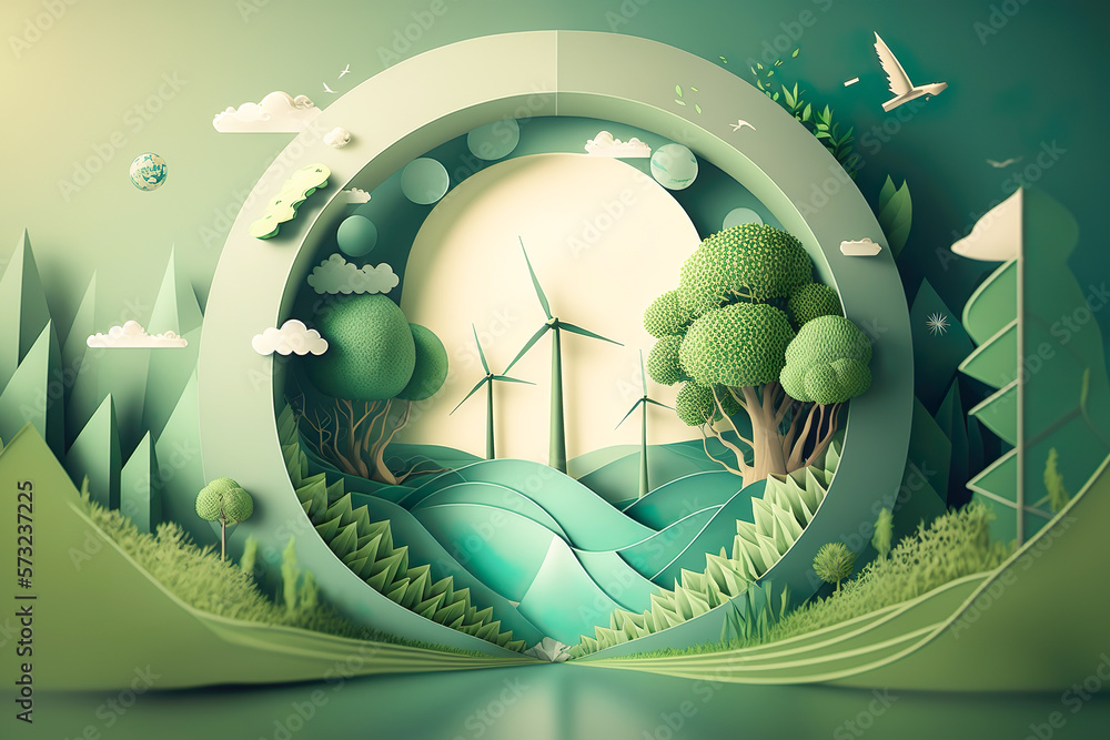Paper art , renewable energy with green energy as wind turbines ...