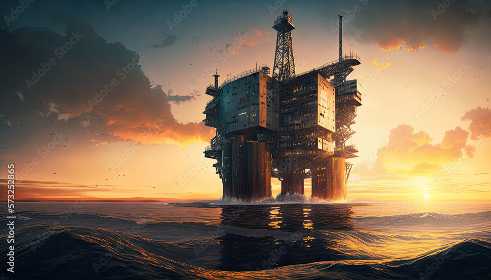 Oil rig platform in open sea on beautiful sunset, offshore oil ...