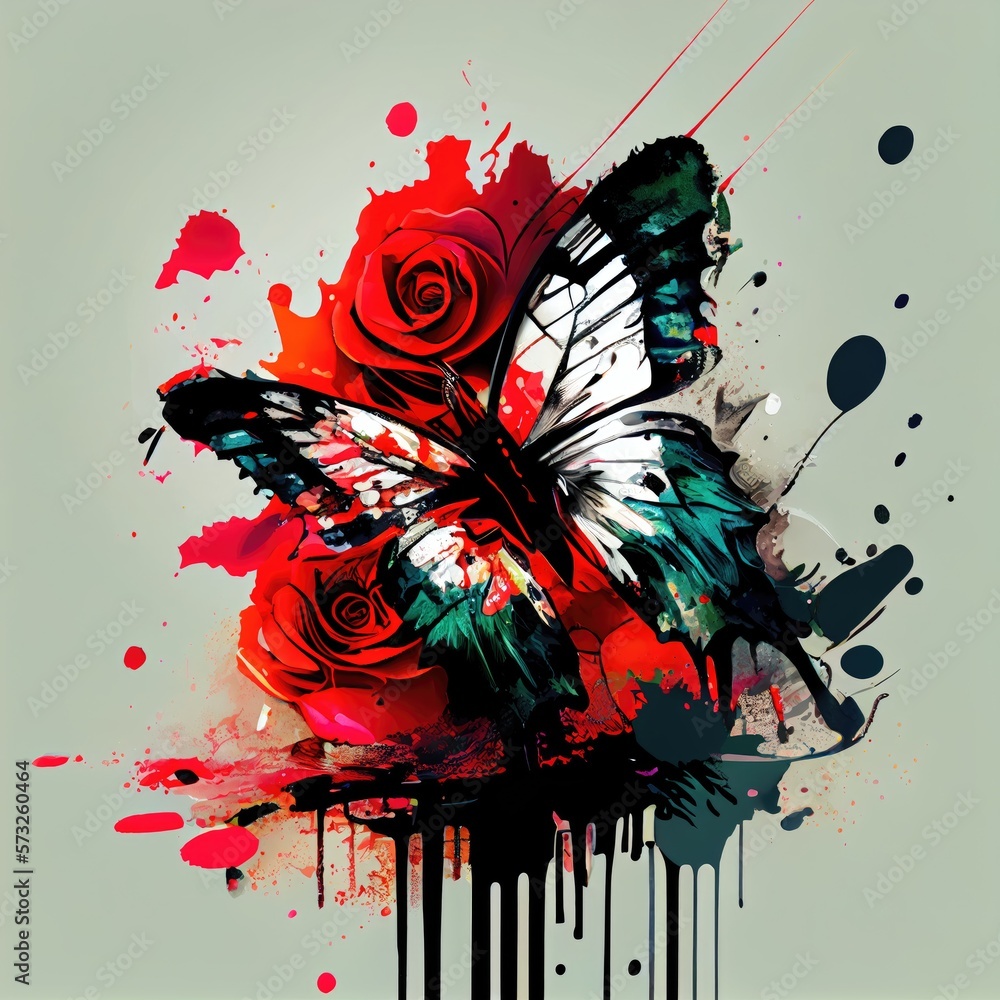 A painting of a red rose and a butterfly, paint splatter, effects ...