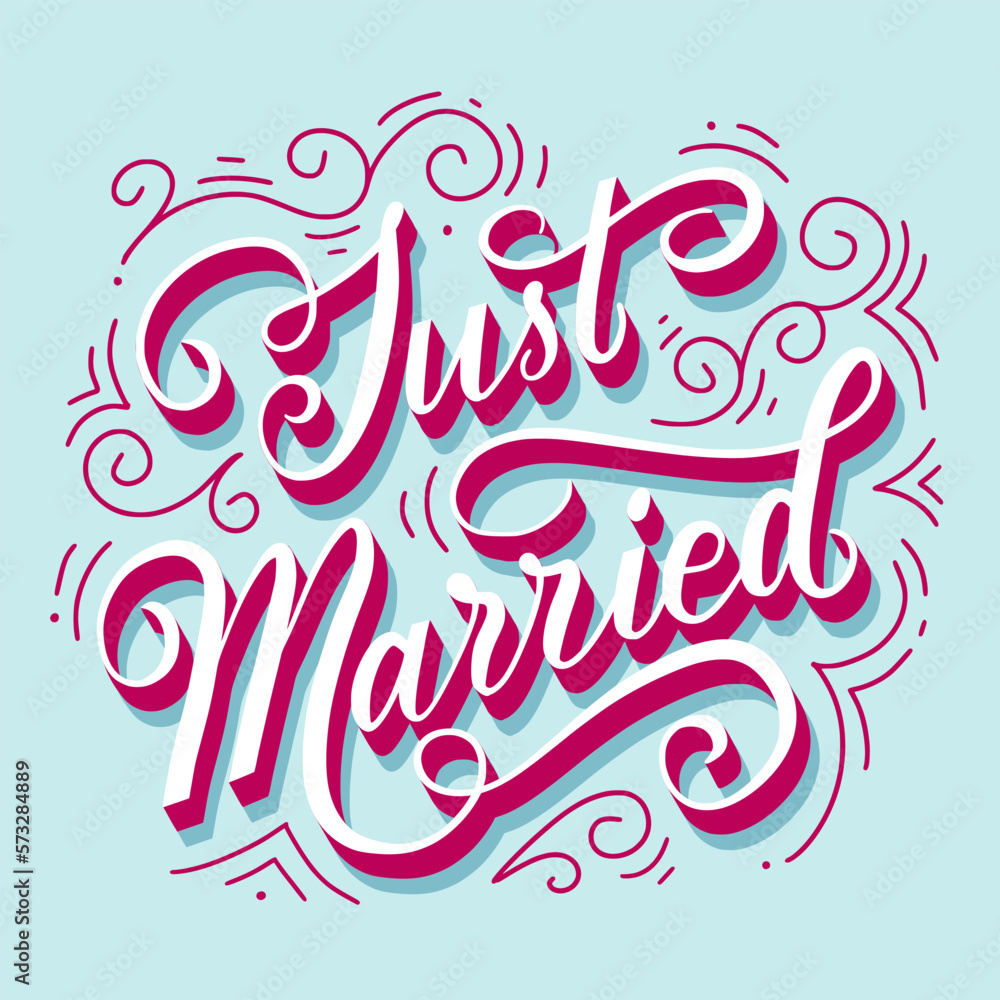 Vintage lettering illustration. Slogan of Just married. Design for wedding sign, invitation ...