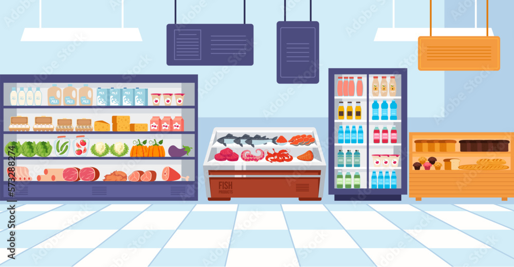 Supermarket shelf with food market store grocery shop empty interior ...