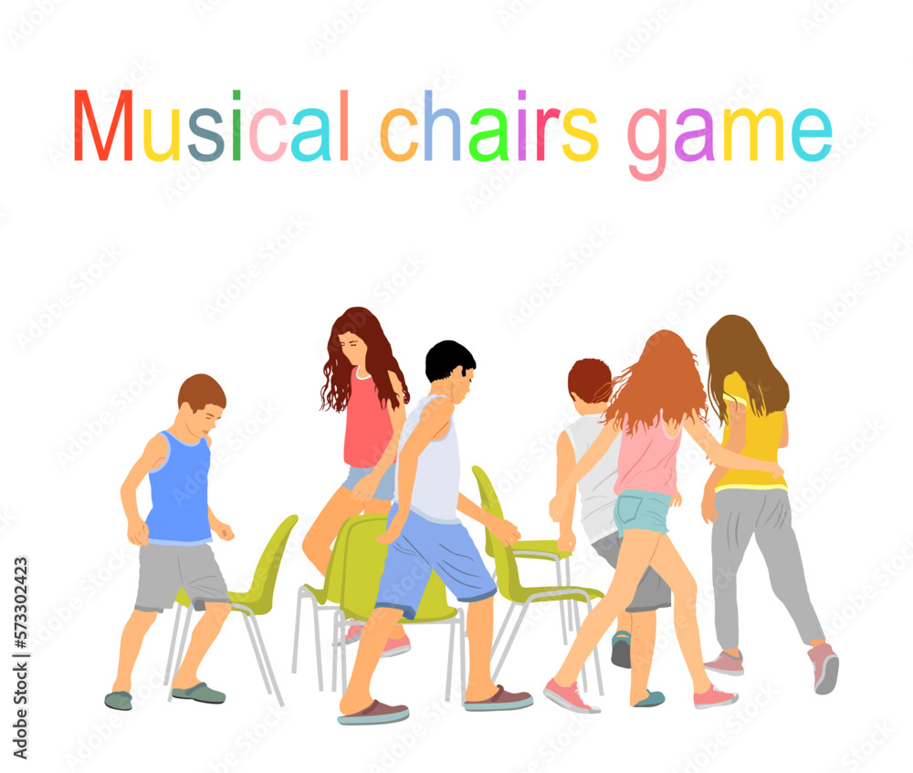 Children playing musical chairs game vector illustration isolated on ...