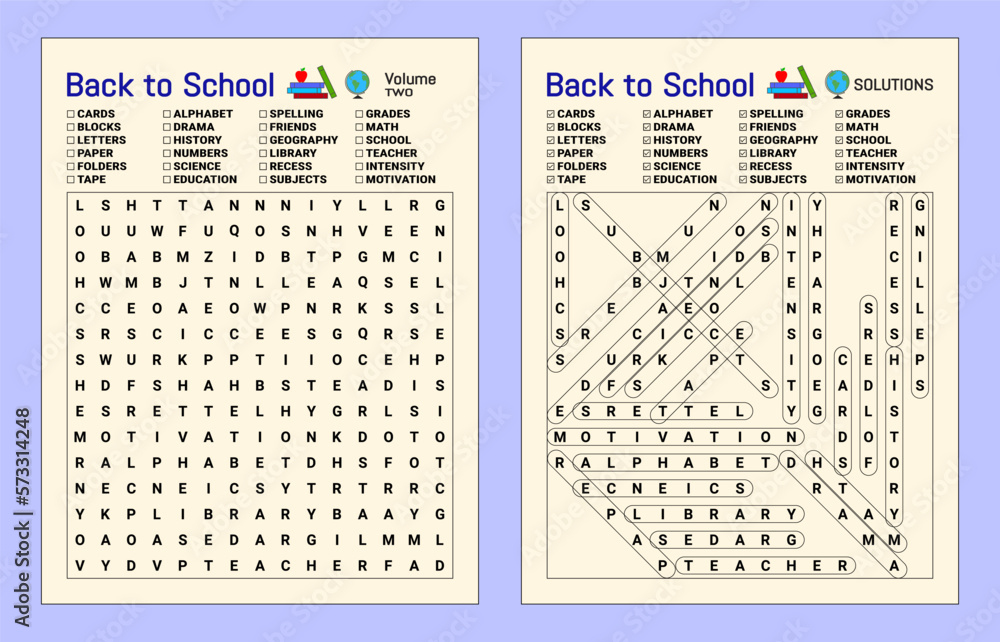 Back to school word search puzzle - volume two Stock Vector | Adobe Stock