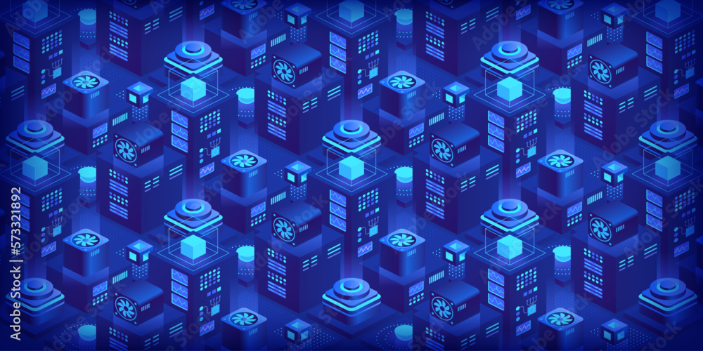 Vector isometric server room. Quantum computer. Cloud storage data center. Web hosting. Big data ...