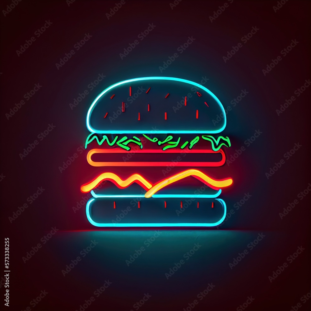neon burger logo on black background, glowing sign restaurant icon ...