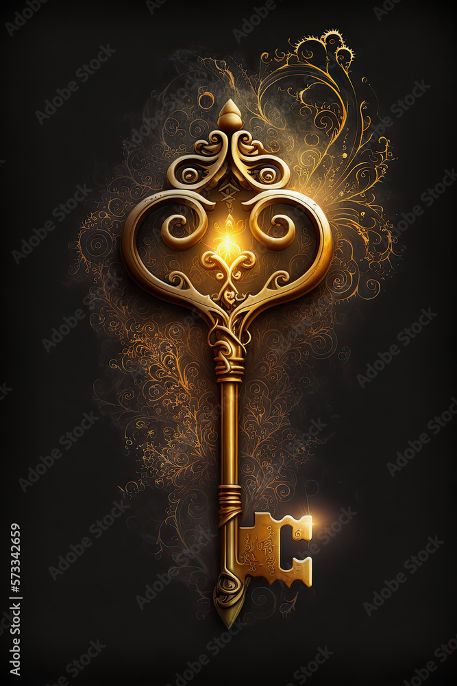 generative ai illustration, a golden ornamented ancient magic key on ...