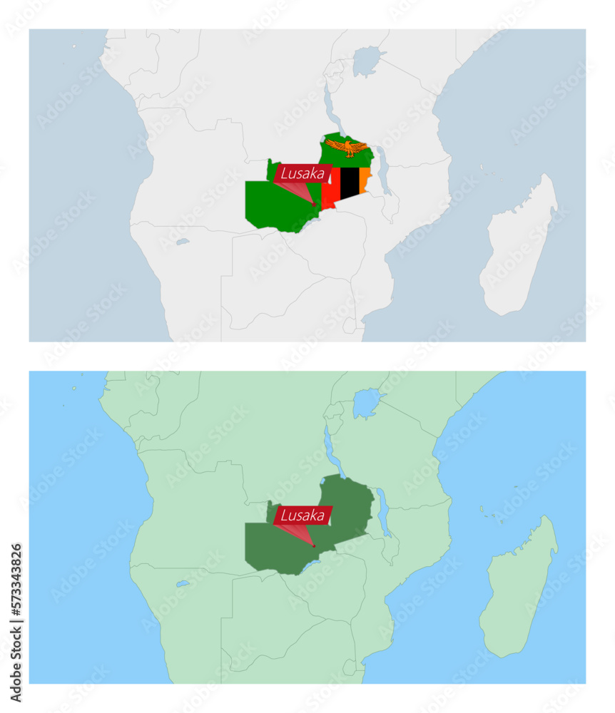 Zambia map with pin of country capital. Two types of Zambia map with ...