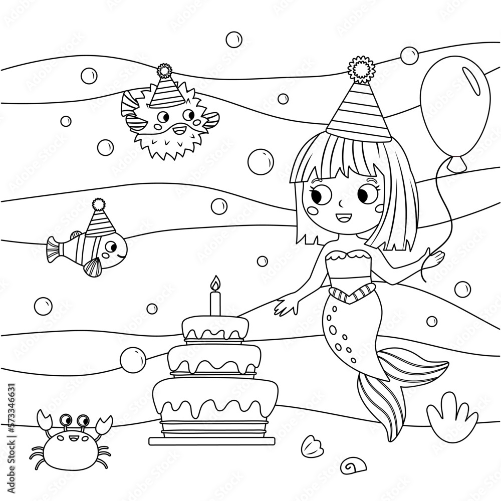 Coloring page with mermaid, fish and crab. Underwater animals. Birthday ...