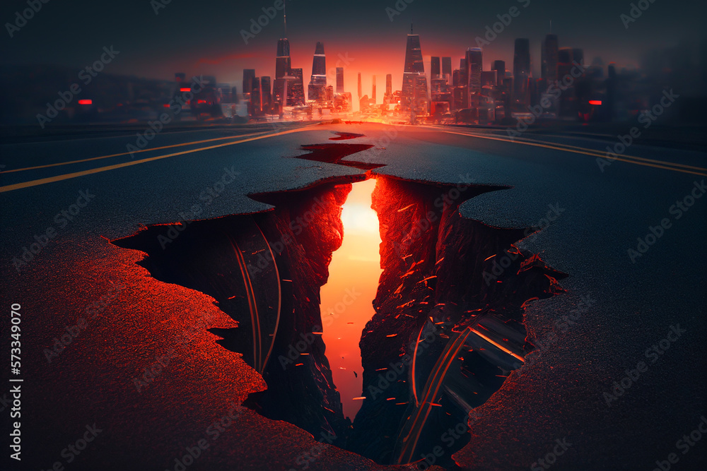 Ilustrace Earthquake in city. Quakes damage road. Buildings Destruction ...