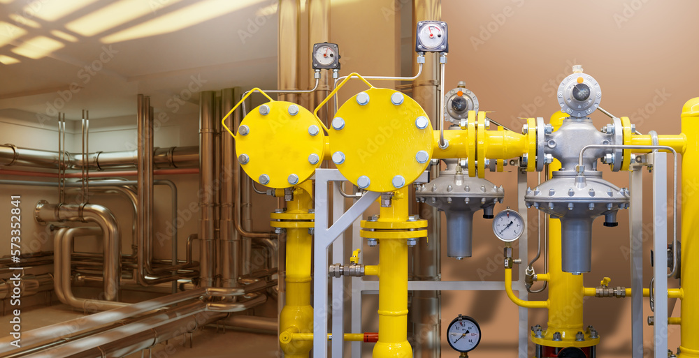 Gas boiler room. Pipeline pressure sensors. Room with gas equipment ...
