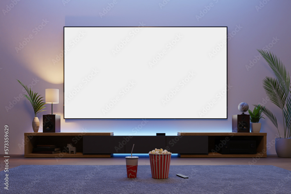 Ilustração tv screen mockup in living room, 3d rendering do Stock ...