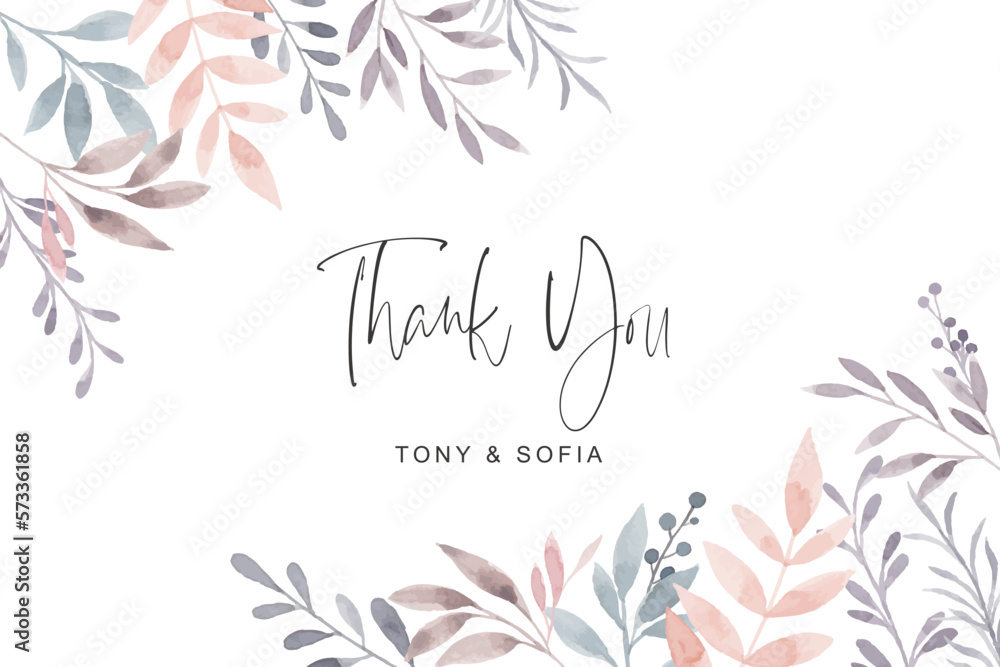 Thank you card with watercolor leaves border Stock Vector | Adobe Stock