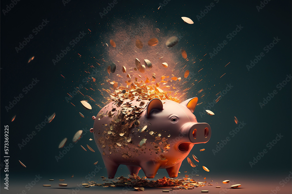 The piggy bank explodes and shatters into pieces, concept of Scattered ...