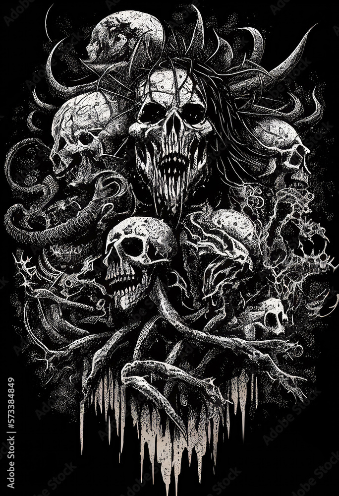 Heavy Metal Poster Illustration with Evil Entity. Skulls, demons and ...