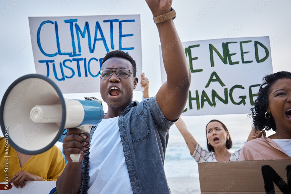 Foto Climate change poster, protest and black man with megaphone for ...