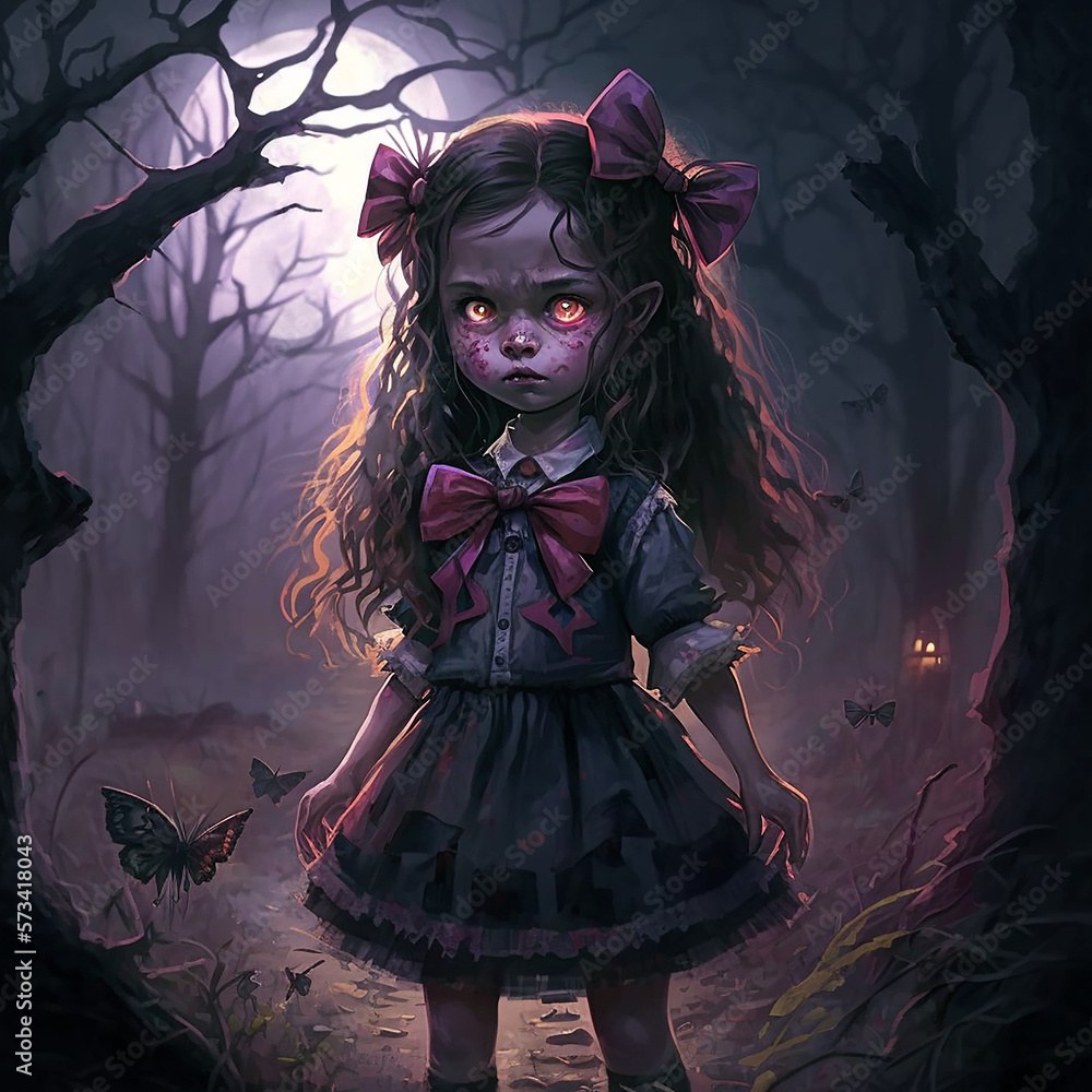 Cute zombie girl walking through dead wooded area in pink dress and bow ...