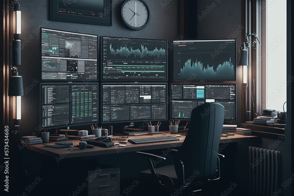 Room with many screens as a trading setup with charts on the screens. Generative AI. Stock ...