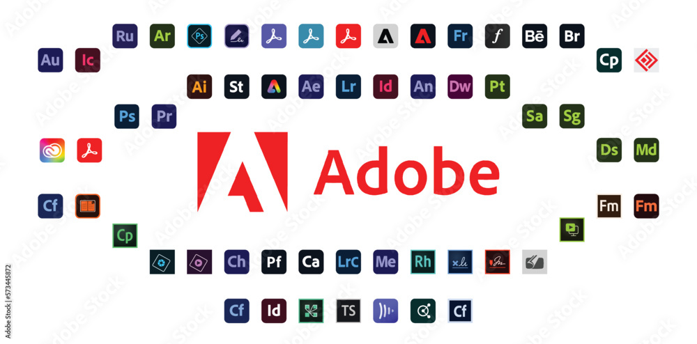 Adobe product logotype set. Collection button 2024: Illustrator ...
